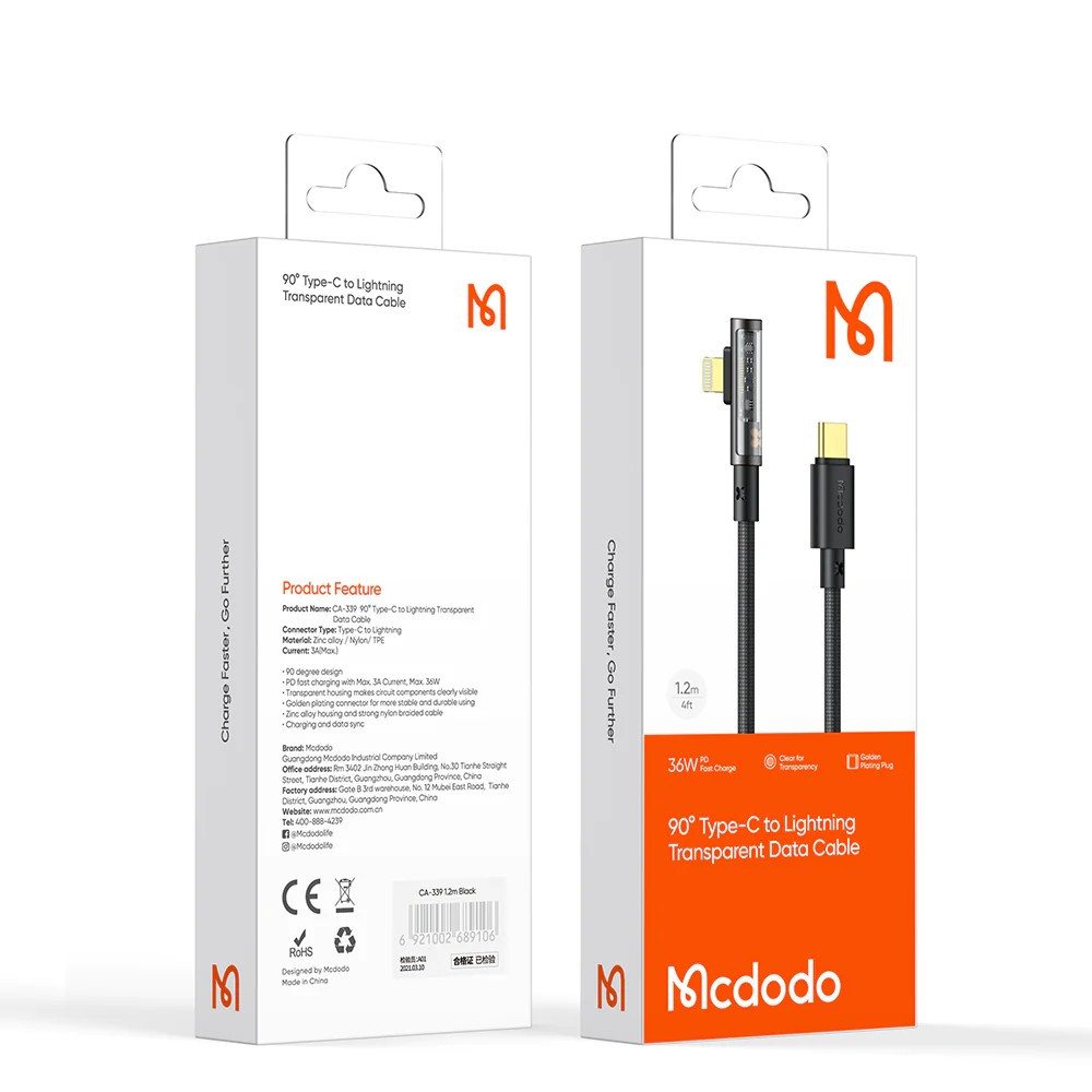 MCDODO CA 339 36w Prism Series Type-C To Lightning 90 Degree Transparent Data Cable 1.2M